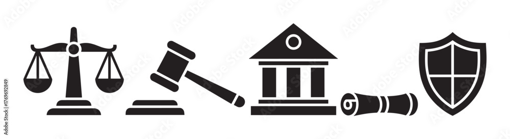 Black silhouette icons of justice symbols including scales, gavel ...