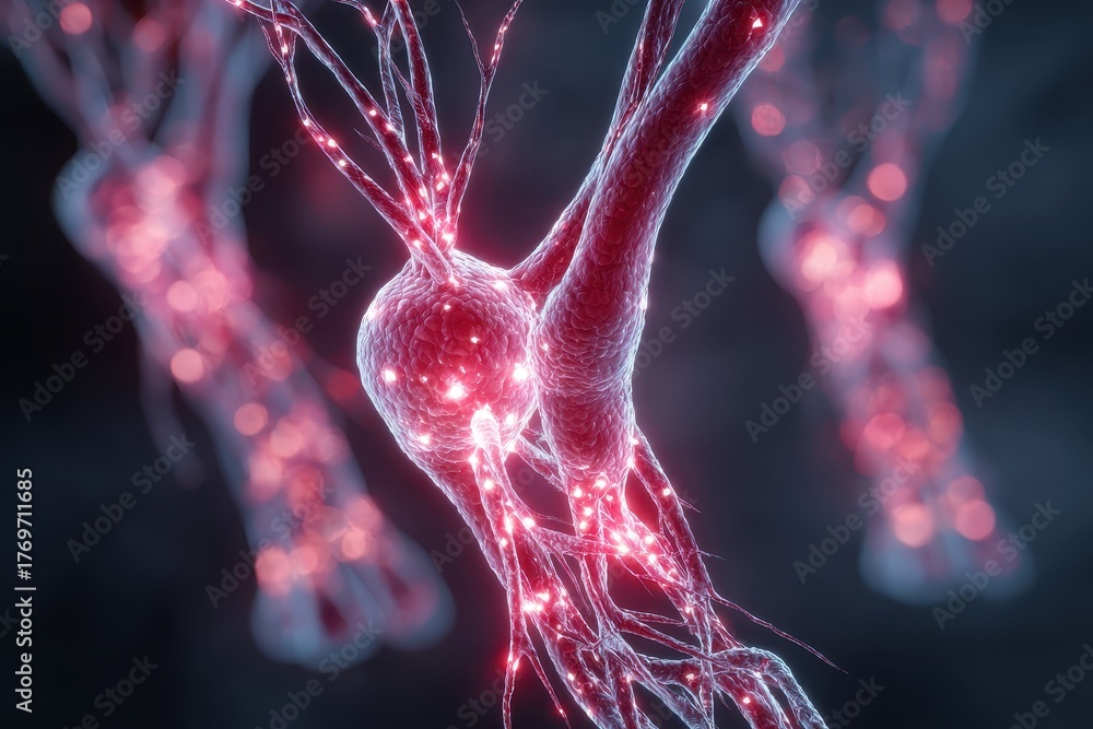 Human feet with nerves and blood vessels highlighted in red, showing ...