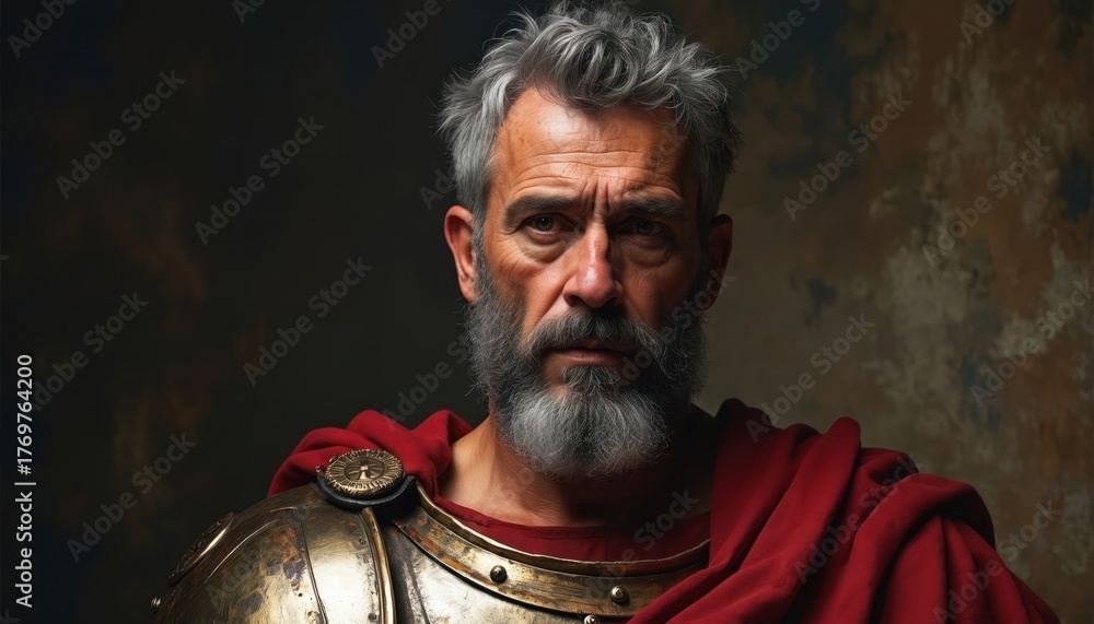 Mature roman general with grey beard and armor. Red cloak draped over ...