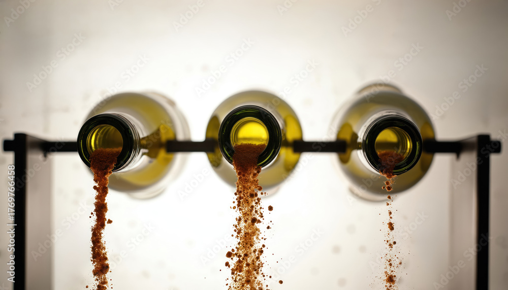 Foto de Stock Champagne bottles on riddling rack. Yeast sediment pours ...