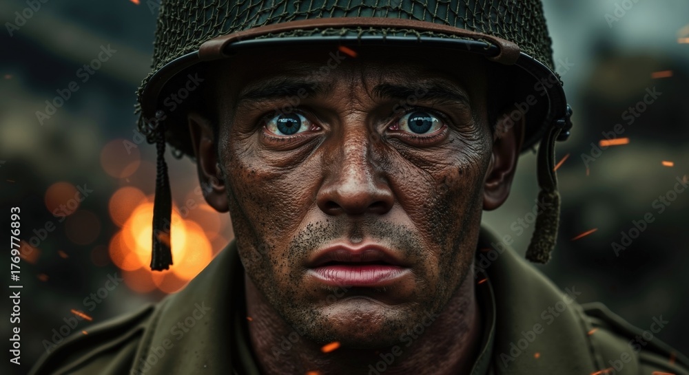 Intense close-up portrait of soldier's face expressing shock and trauma ...