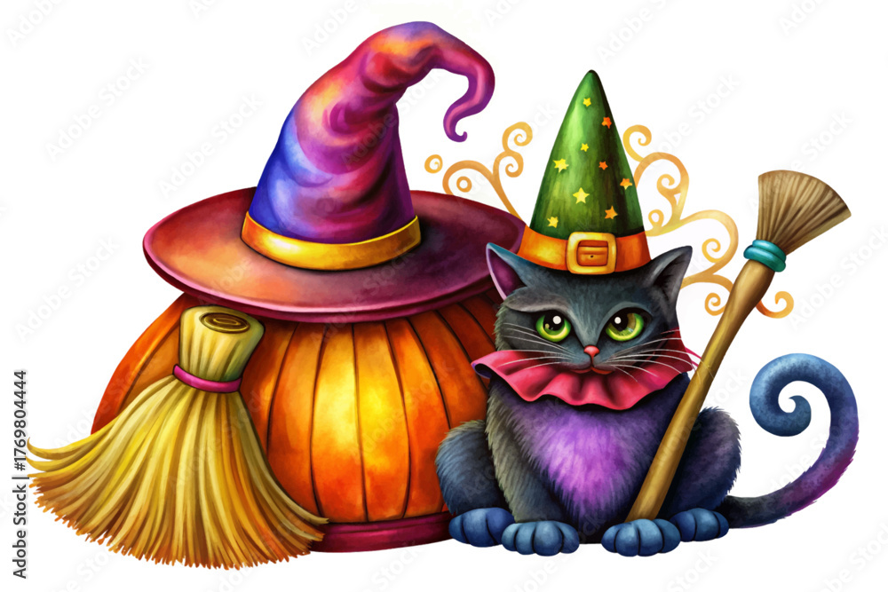 Classic witch hat beside broom and black cat isolated on white ...
