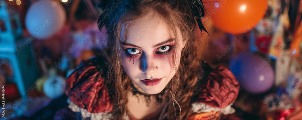 Young girl dressed in a spooky halloween costume and makeup, posing ...