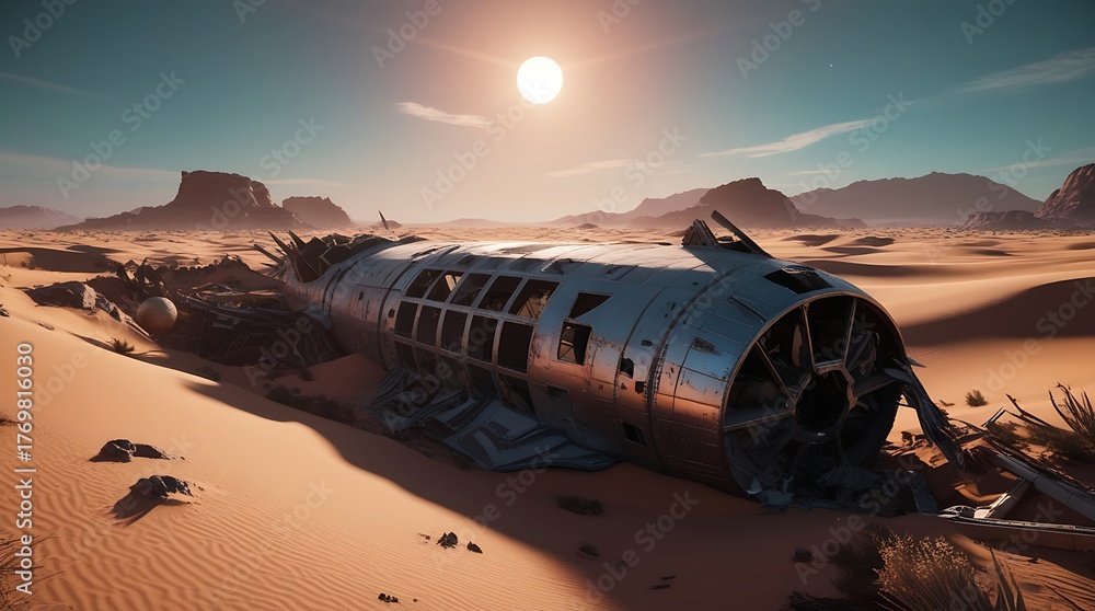 Damaged spaceship wreck with metallic hull and shattered windows half ...