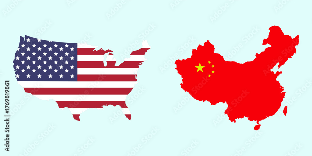 United States and China flags shaped as maps illustrate global ...