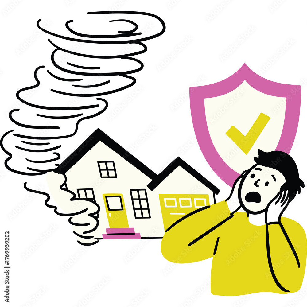 Person in Yellow Shirt Frightened by Tornado Approaching Houses with ...