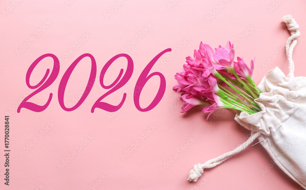 Zdjęcie bez tantiem: 2026 Text with Pink Flowers in Fabric Bag on ...