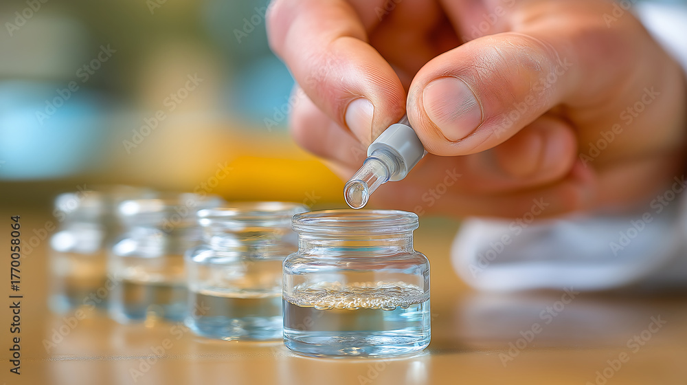 Lab technician using a syringe to fill test tubes under a fume hood ...