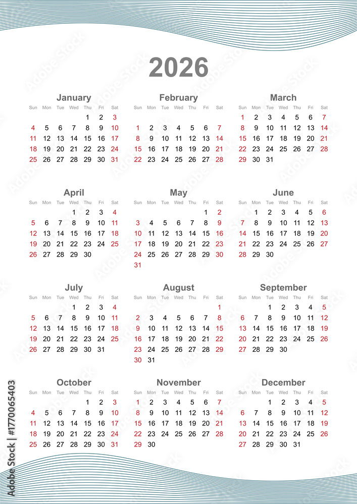 Calendar vector template for 2026 year. Week Starts on Sunday ...
