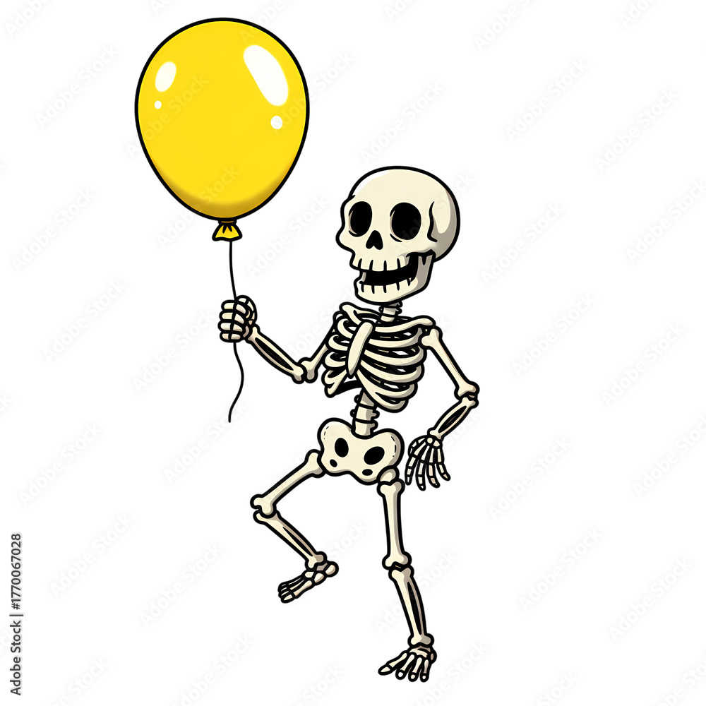 Cartoon skeleton happily dances while holding a bright yellow balloon ...