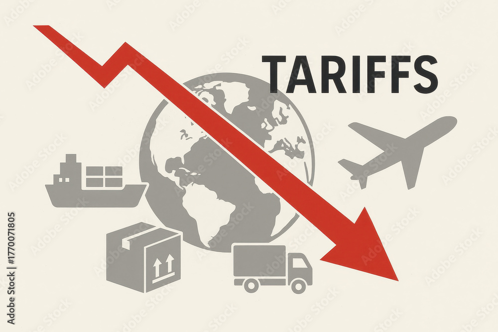 Global trade impact shown with downward red arrow over globe and ...