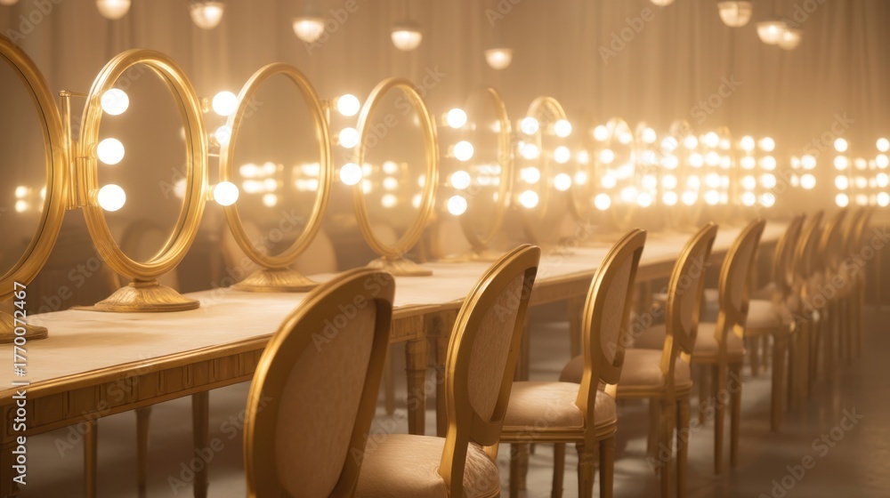 Elegant Backstage Dressing Room with Warm Illumination and Stylish ...