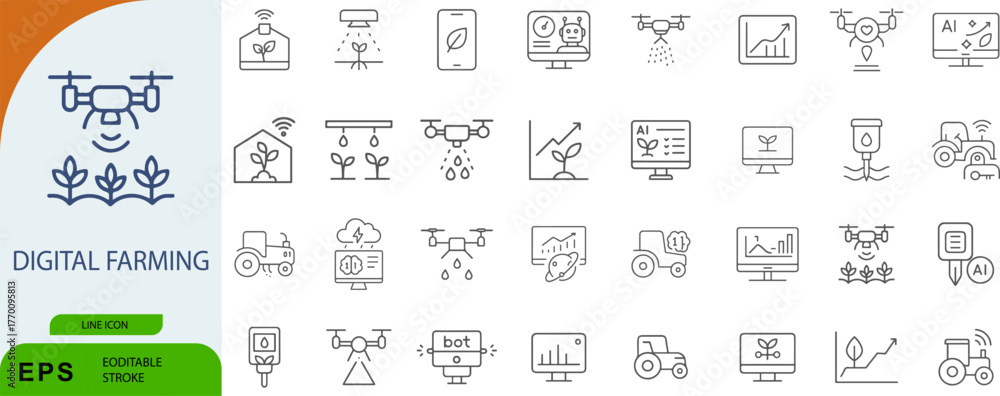 Digital farming icon set. Editable vector illustration of smart ...