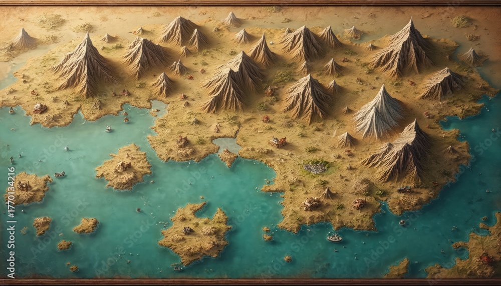 Old fantasy map of fictional world with relief mountains ocean, islands. Ancient cartography ...