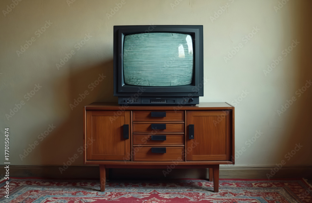 Old TV set with grainy image sits on wooden cabinet. Vintage interior ...