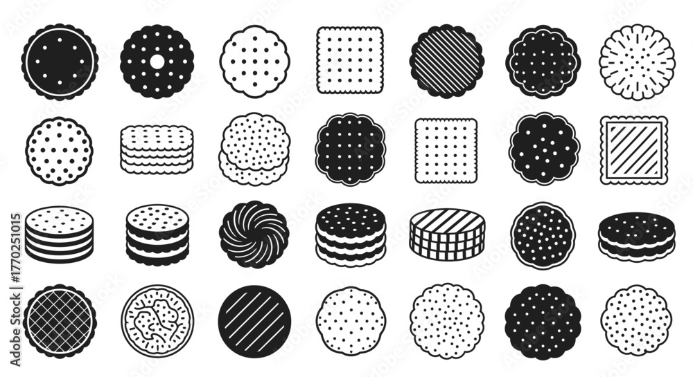 A diverse collection of illustrated biscuits and cookies, including ...