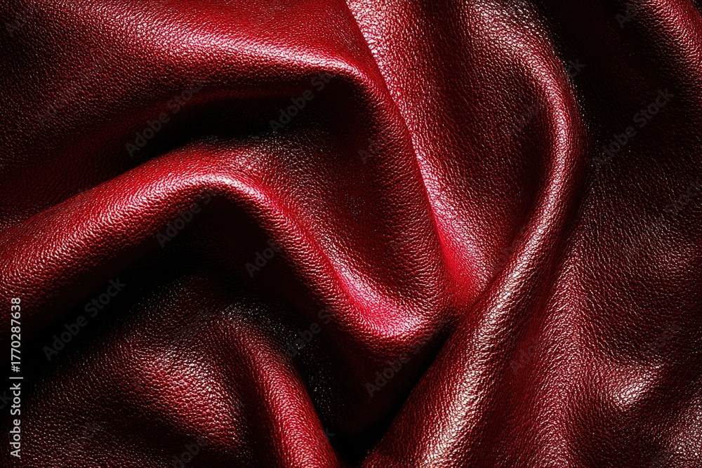 Rich red leather fabric showing texture and sheen under soft light for ...