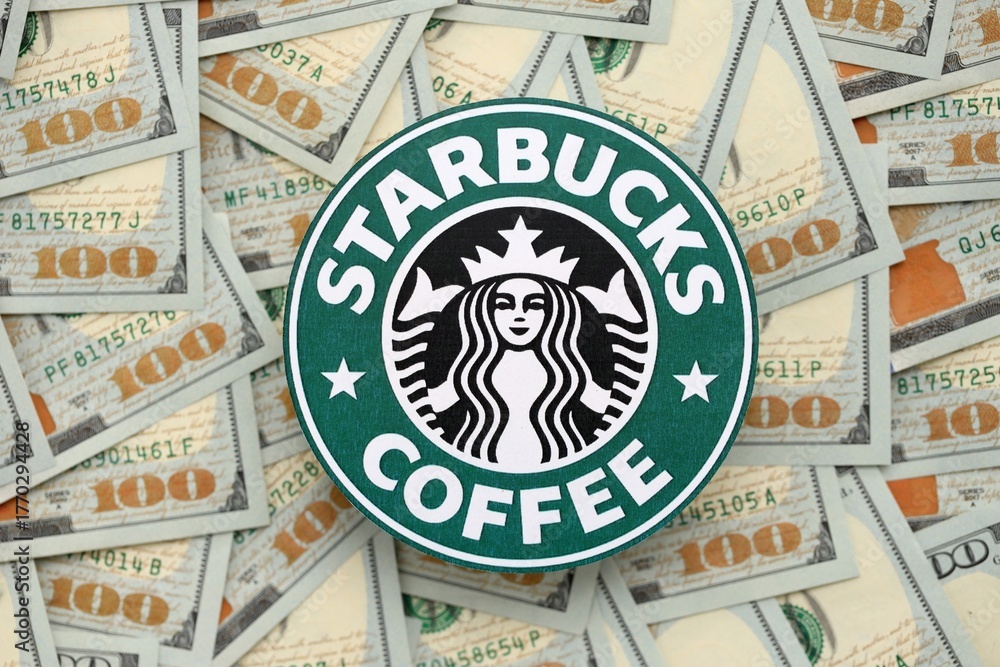 KYIV, UKRAINE - OCTOBER 5, 2025 Starbucks coffee brand logo on many ...