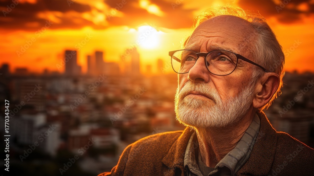 Elderly man standing under strong sunlight with city skyline background ...