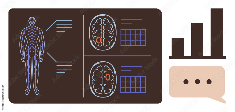 Human body outline, brain analysis diagrams with highlighted areas, bar ...