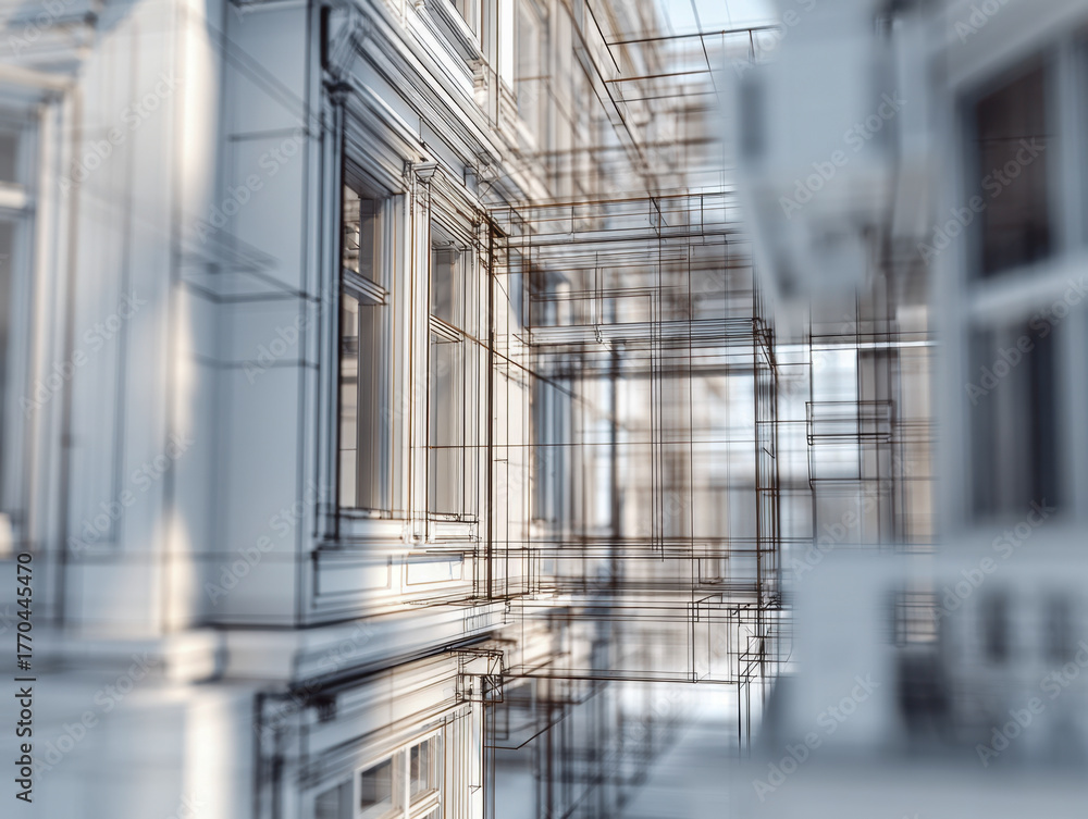 Architectural digital wireframe overlay on classic building facade ...