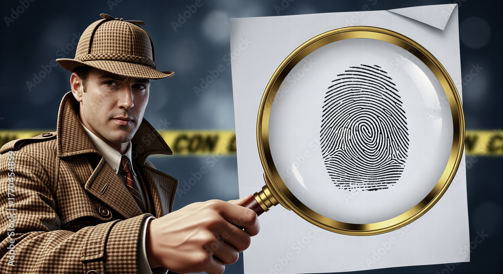 Detective examining a crucial fingerprint through a magnifying glass at ...