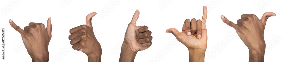 Shaka hand gesture. Dark-skinned male showing thumb and pinky raised in ...