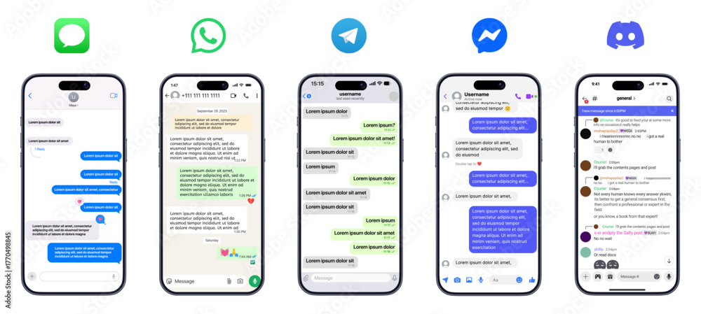 Messaging app mockup. WhatsApp Telegram Messenger Discord iMessage UI ...