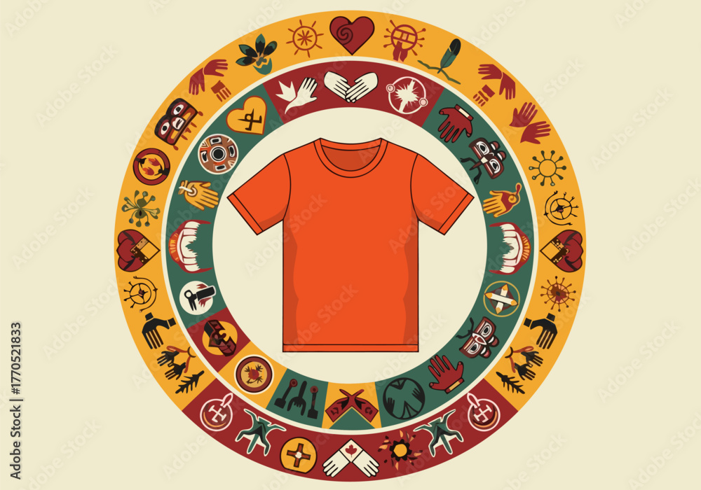 Orange T-shirt at the center of a circular emblem symbolizing national ...
