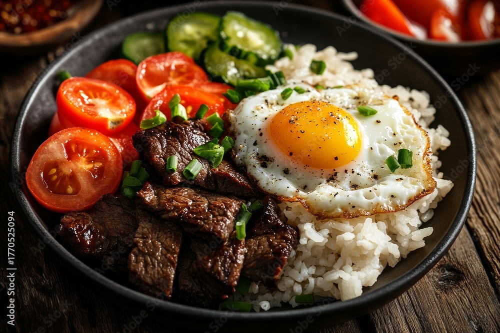 Traditional filipino tapsilog breakfast with garlic fried rice and ...
