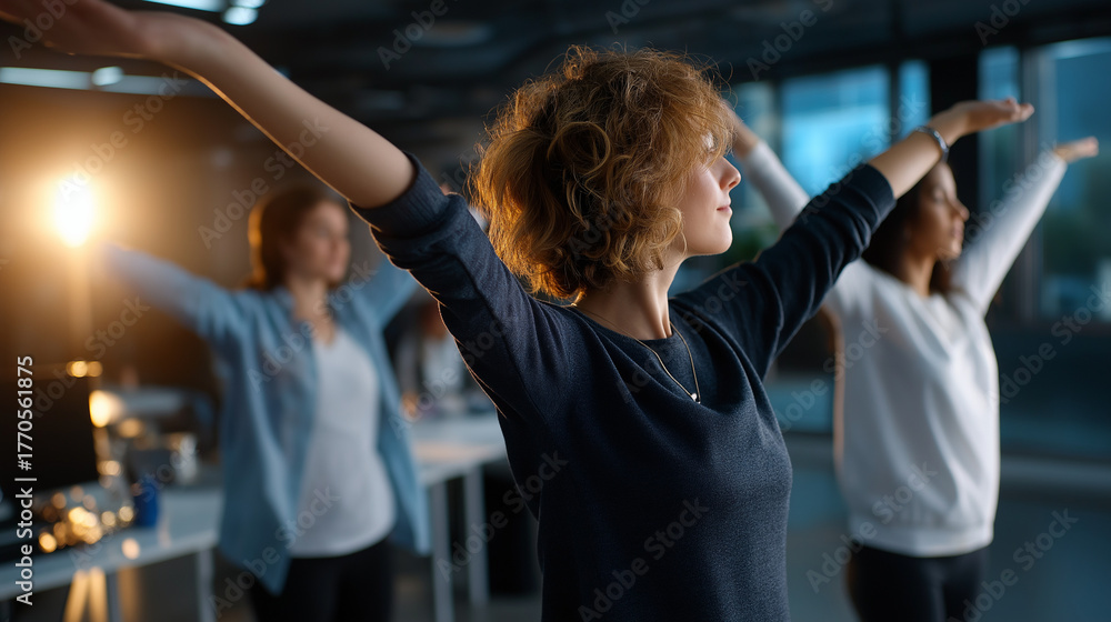 Defocused team forming a circle for breathing and stretching exercises ...