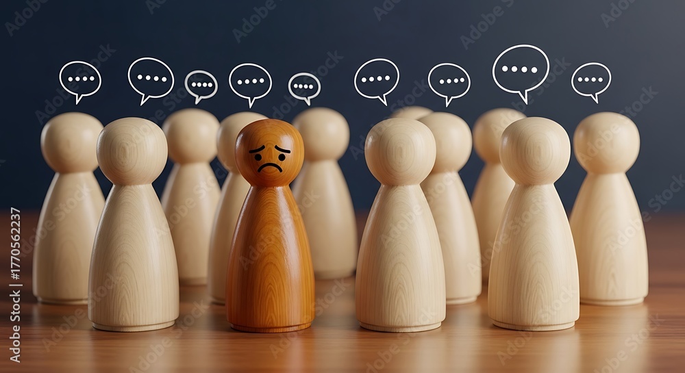 Wooden figures with speech bubbles, one figure is different and sad ...