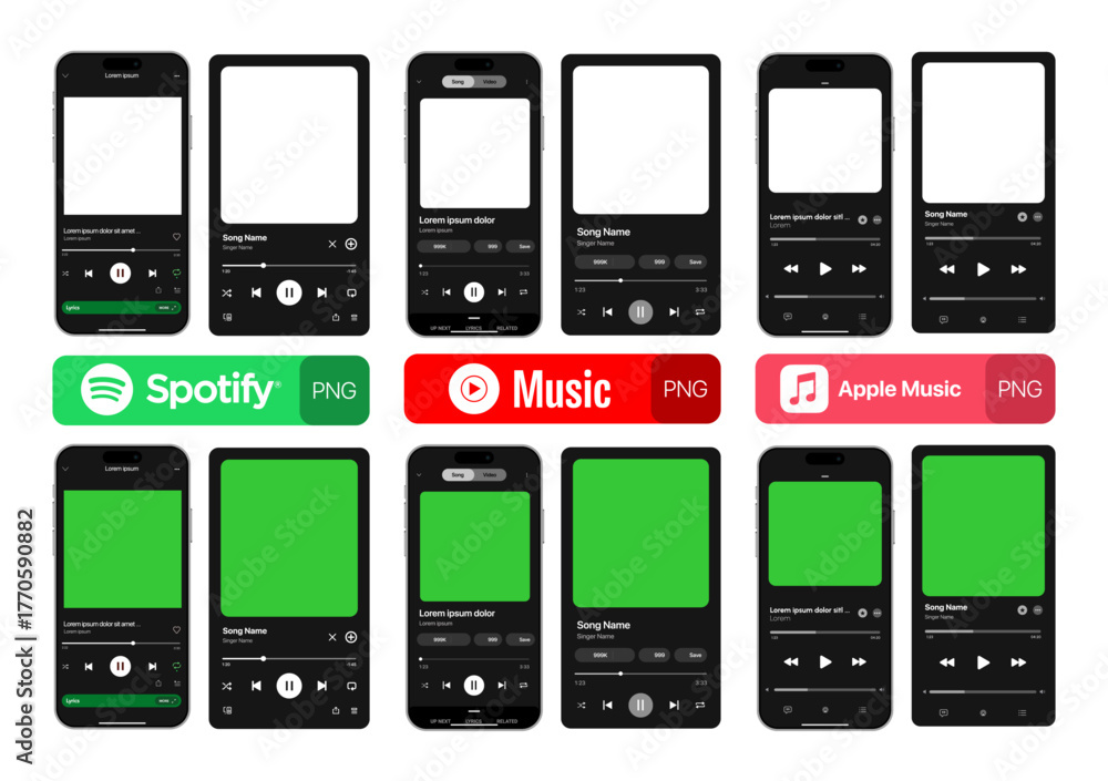 Stock-Vektorgrafik „Spotify Apple Music and YouTube Music mockup on ...