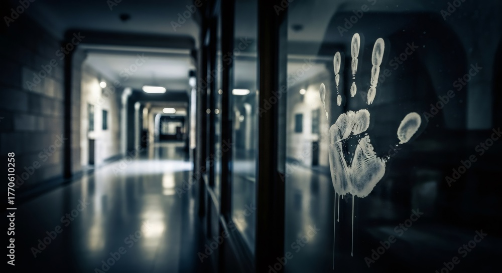 Grungy handprint on glass door in dark deserted corridor of prison ...