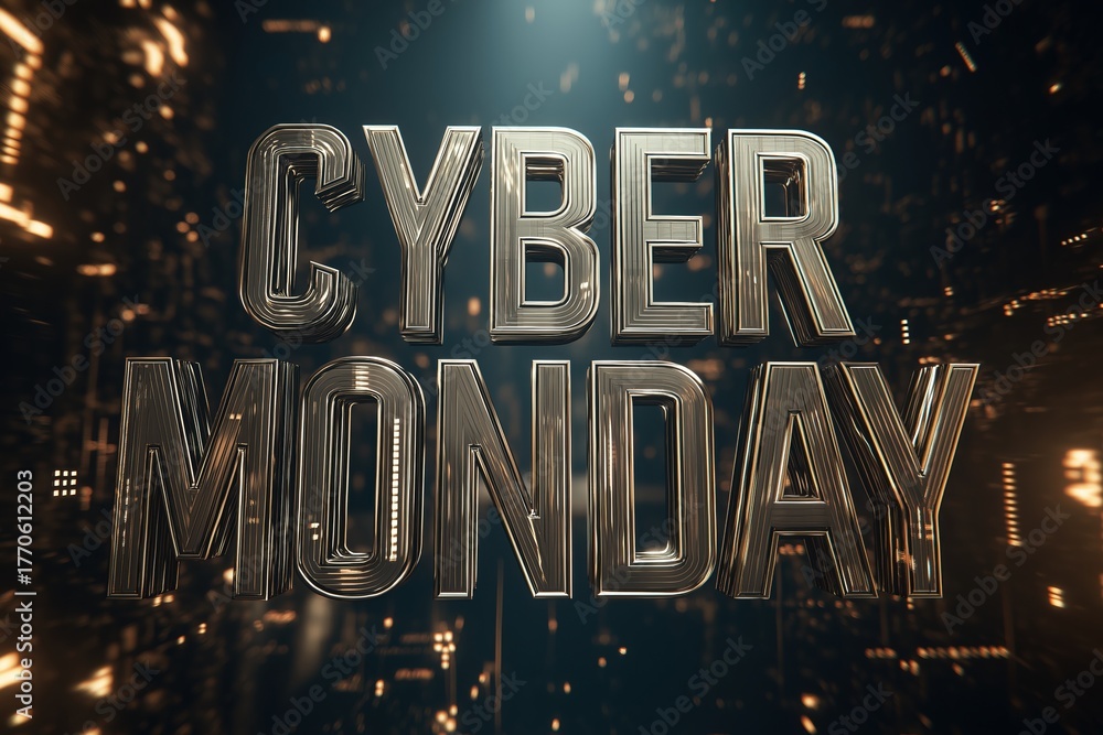 Cyber Monday text in large chrome letters on dark backdrop, floating ...