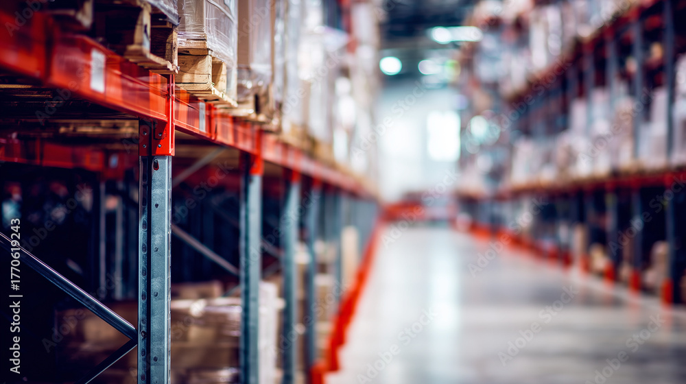 Industrial warehouse interior with focused shelves, highlighting ...