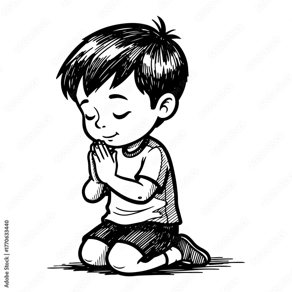 Little boy kneeling in prayer monochrome child illustration Stock ...