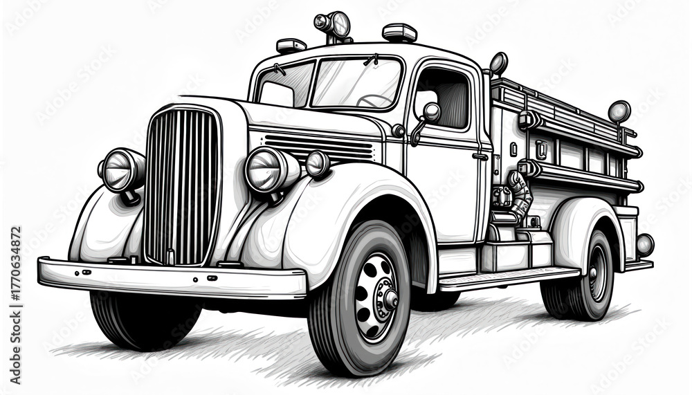 Classic fire truck sketch for kids coloring page. Vintage engine ...