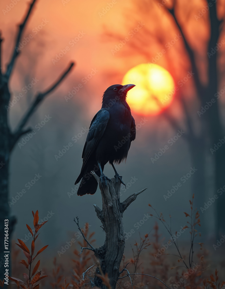 Black crow perches atop a withered tree branch against sunset. Dramatic ...