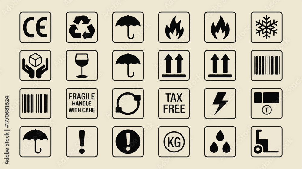 Black and white shipping symbols collection packaging icons logistics ...