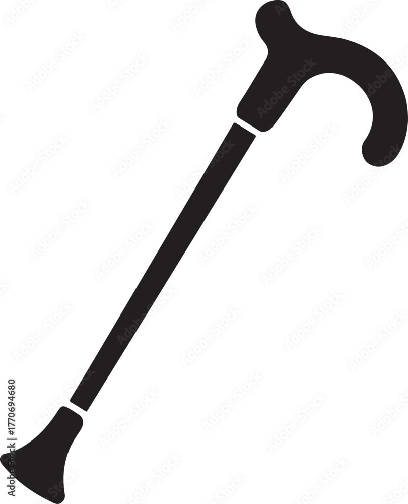 Black silhouette of a walking cane with a curved handle and flared tip ...