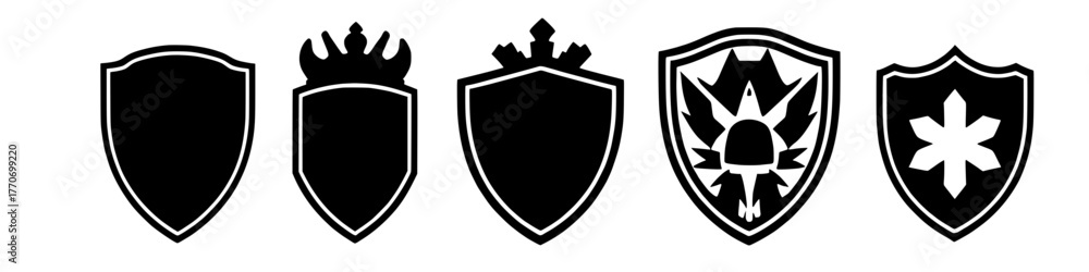 various heraldic shield designs in black and white, including crowned ...