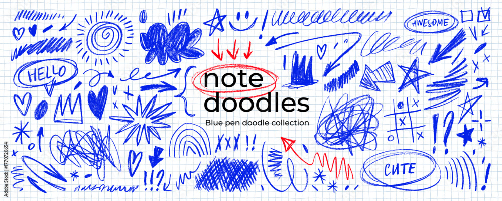 Blue pen scribble and doodle collection. Blue pen lines, arrows and ...