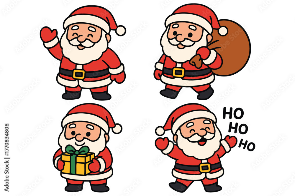 Four adorable cartoon santas in different festive poses with gifts ...