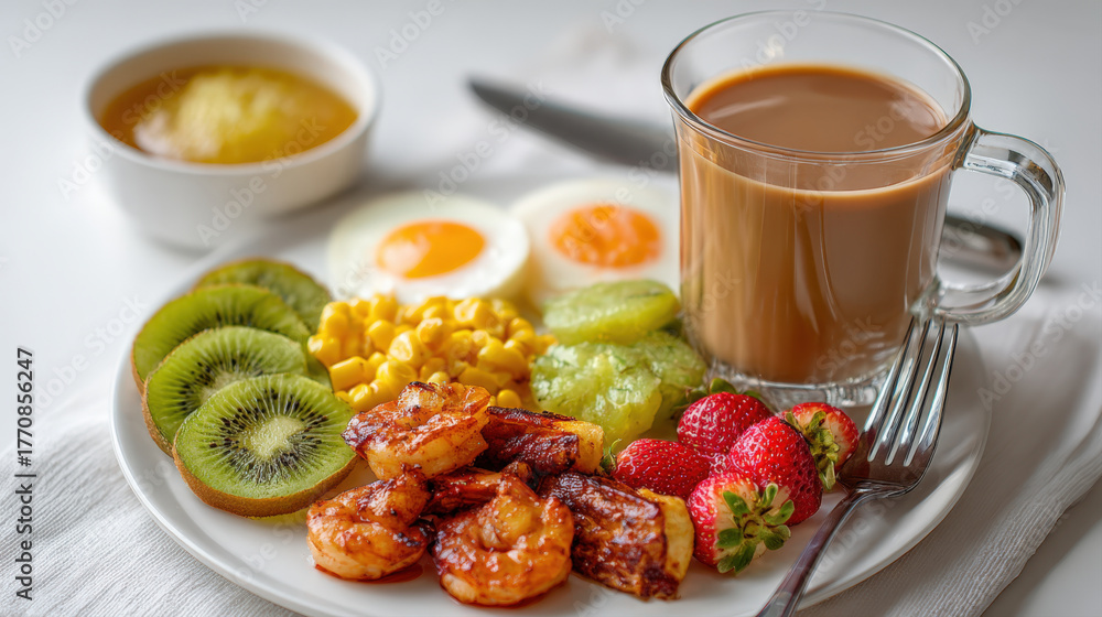 Unusual Fusion Breakfast Plate Featuring Glazed Shrimp, Fried Eggs ...