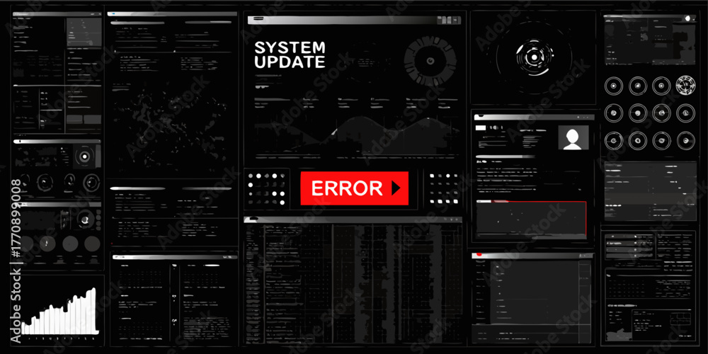 Futuristic computer interface displays system update with a prominent error message and complex ...