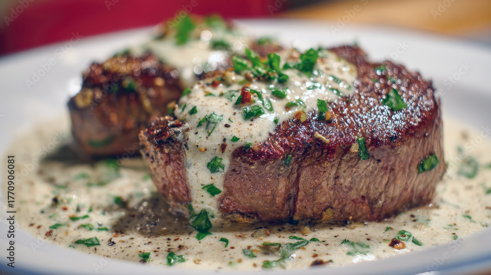 Close-up of two gourmet Filet Mignon steaks with a perfect sear ...