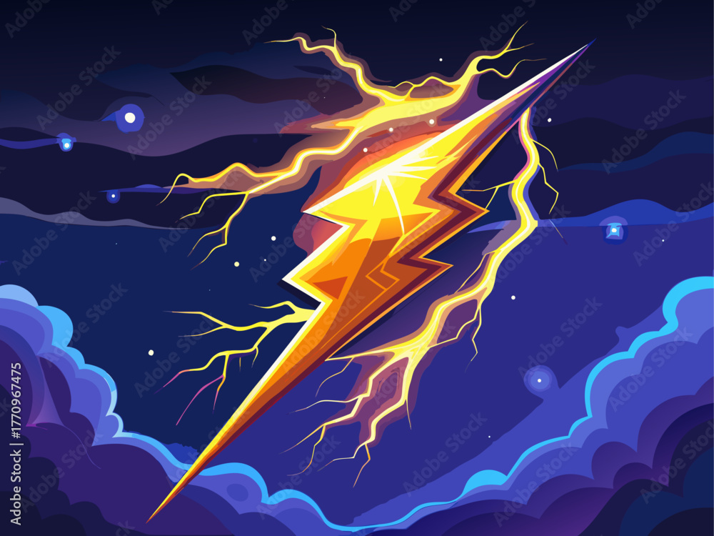 bright lightning bolt in dark night sky, electric glow effect ...