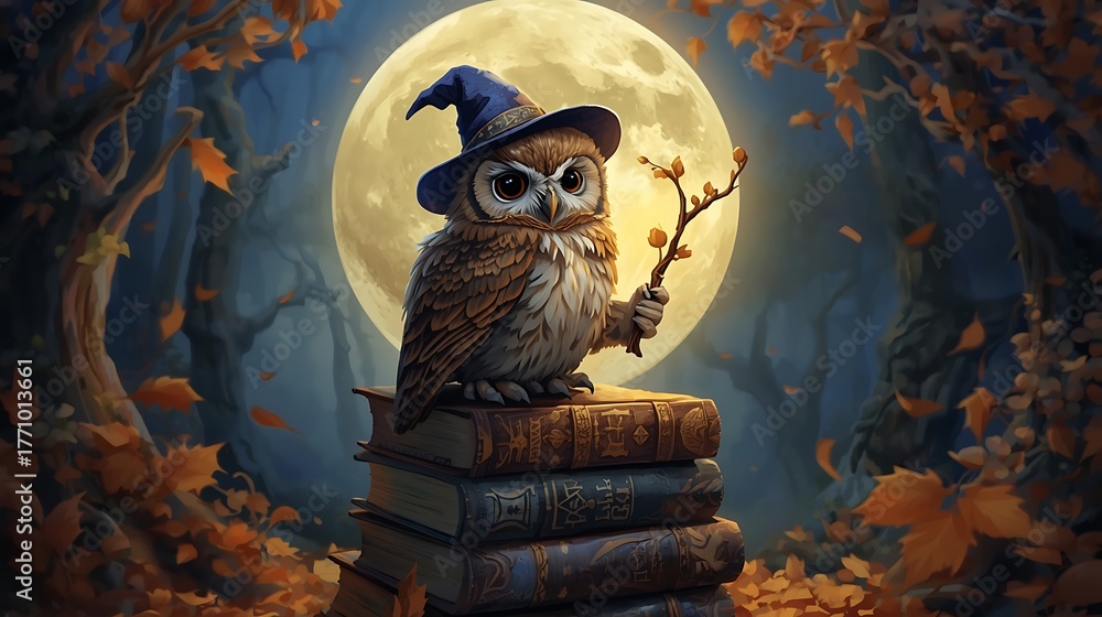 Stock-Illustration „A wise little owl perched atop an ancient stack of ...