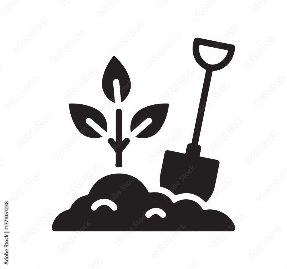 Silhouette of a tree being planted. A seedling in the ground with a ...
